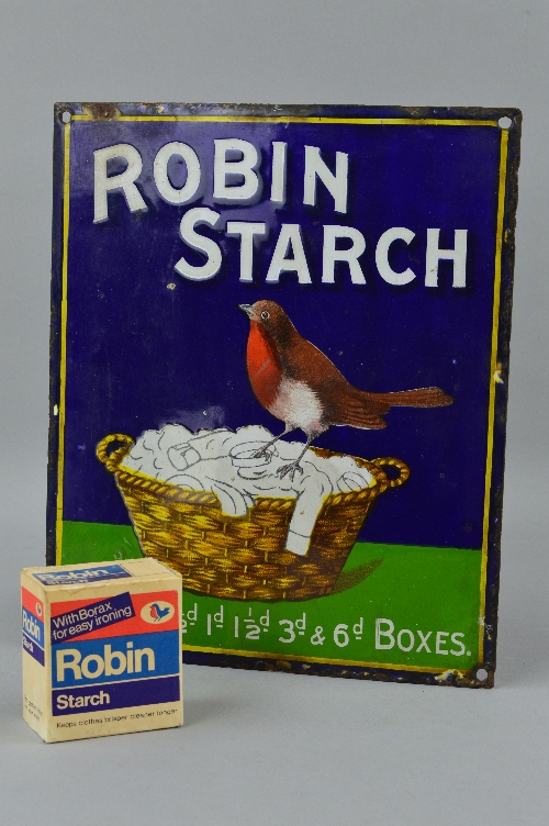 AN ENAMEL ADVERTISING SIGN, ROBIN STARCH, white lettering on blue and ...