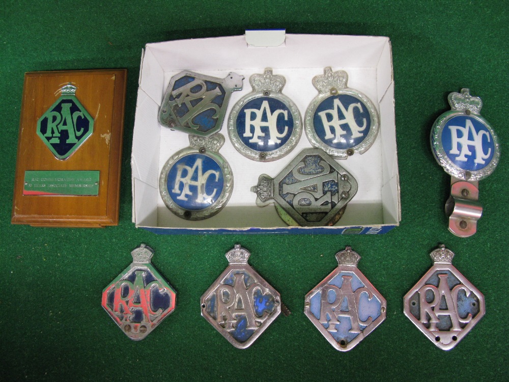 Ten RAC badges together with a plaque for 50 Years Of RAC Associate ...
