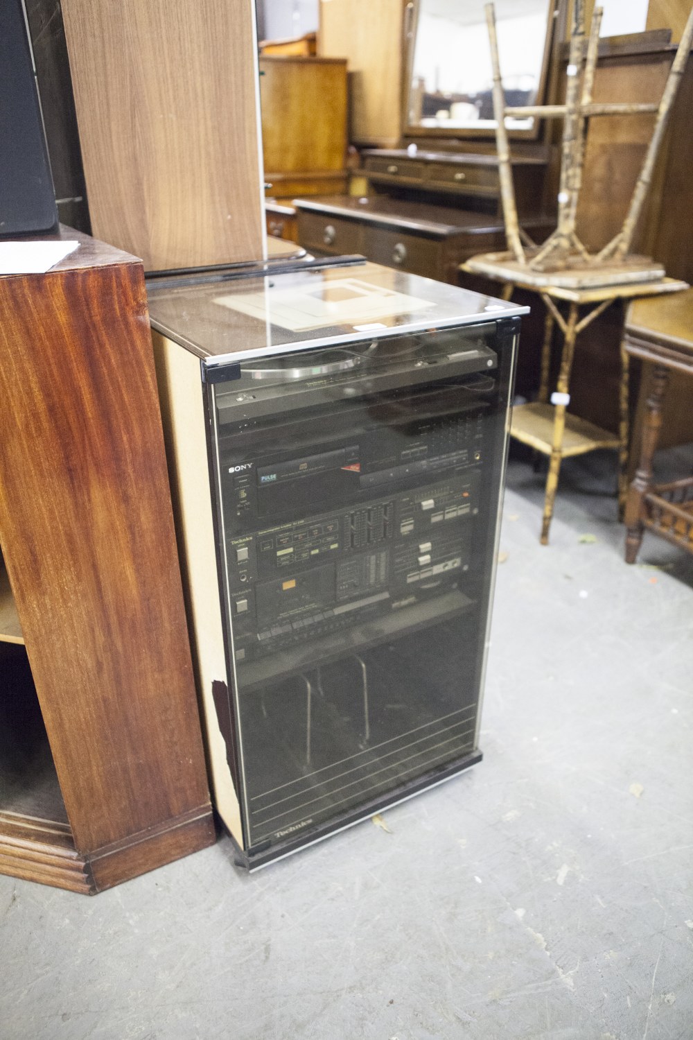 SONY STACKING STEREO SYSTEM WITH RECORD TURNTABLE, IN GLASS CABINET ...