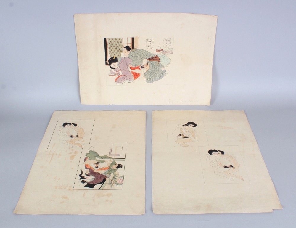 A GROUP OF THREE 19TH CENTURY JAPANESE EROTIC PAINTINGS ON PAPER, each ...