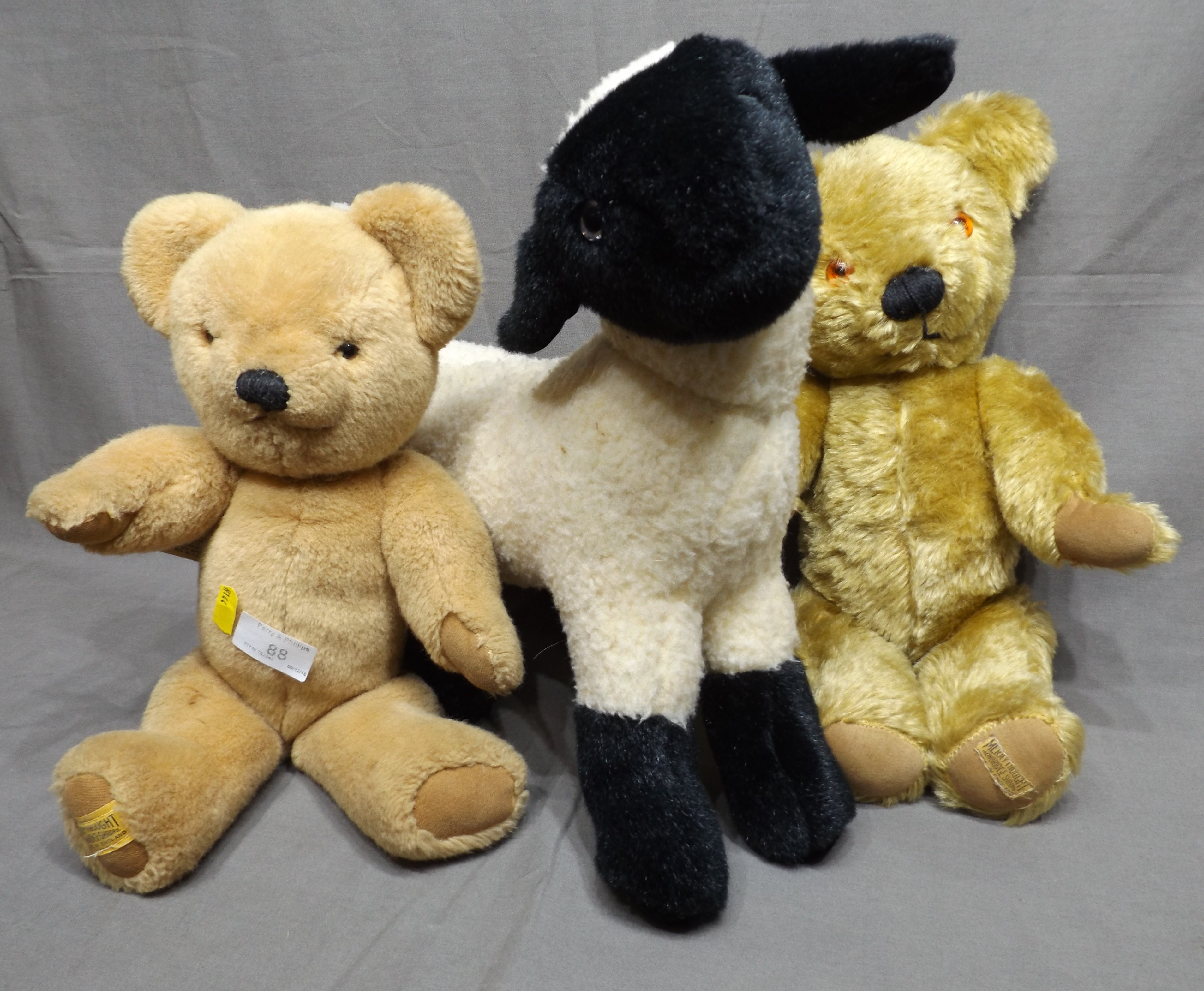 Two Merrythought Teddy Bears and Merrythought Standing Lamb