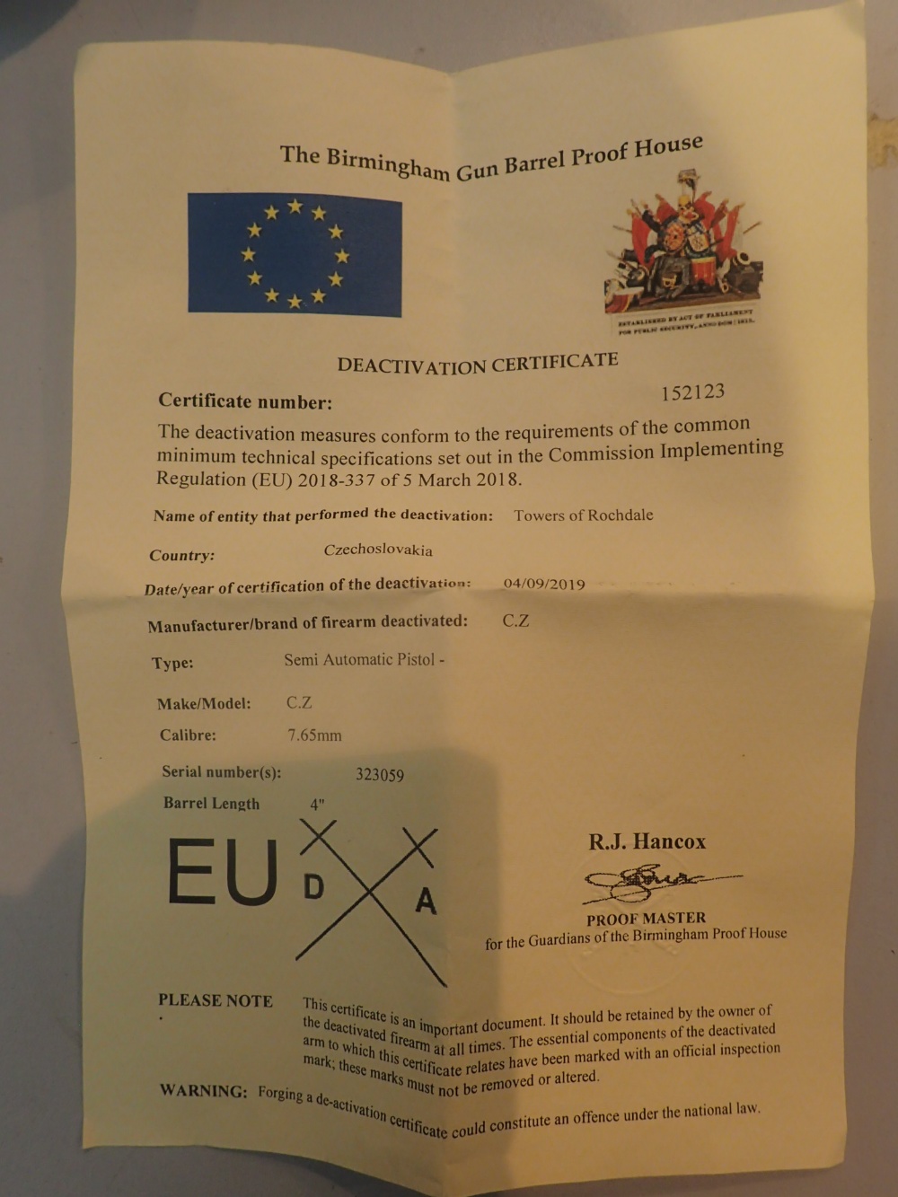 CZ 7.65mm semi automatic pistol with SS button and EU deactivation ...