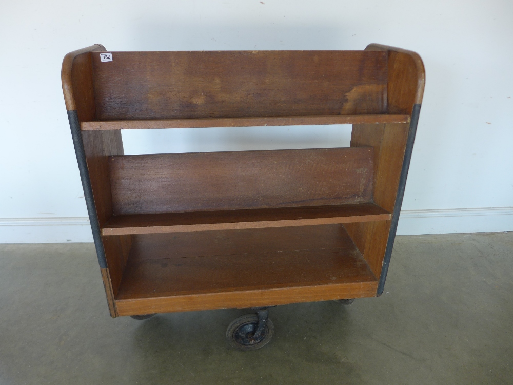 A vintage oak three tier library book trolley 90cm long x 1.04m tall x ...