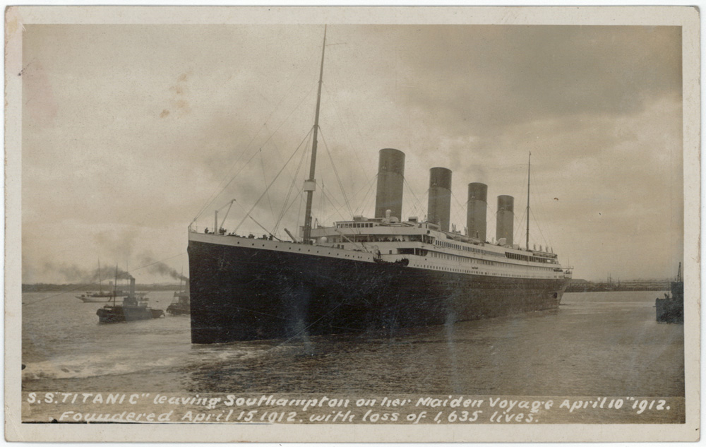SS Titanic leaving Southampton, foundered Apr 15, loss 1635 lives, by G ...