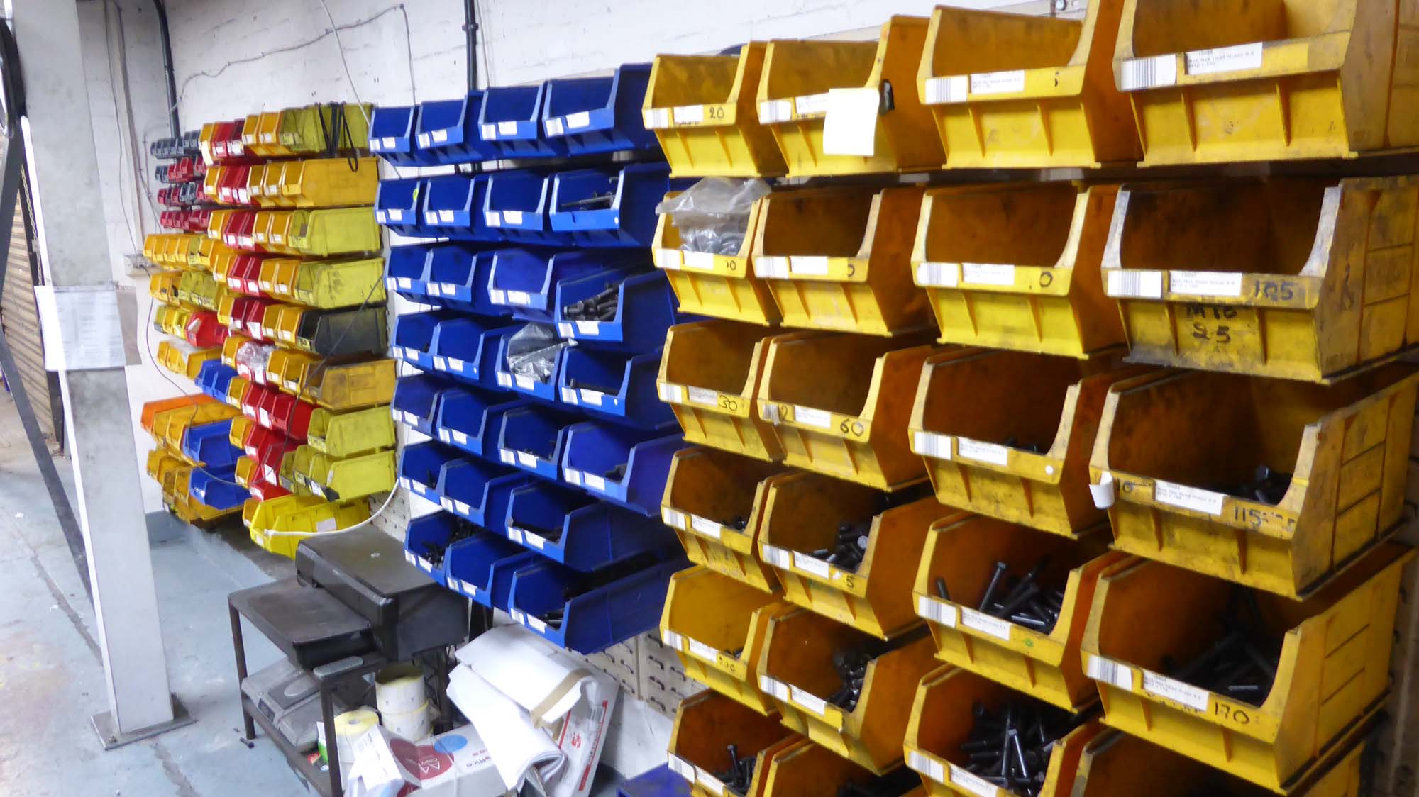 Qty of lin bin wall racks, lin bins and 5 bays of blue framed shelving ...