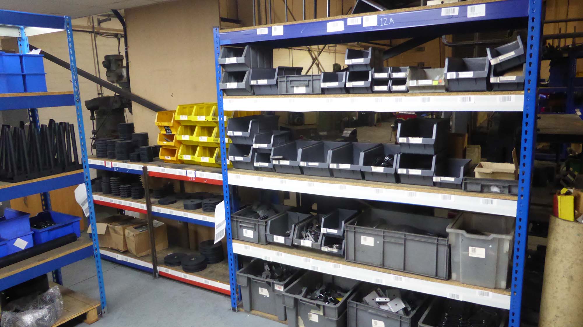 Qty of lin bin wall racks, lin bins and 5 bays of blue framed shelving ...