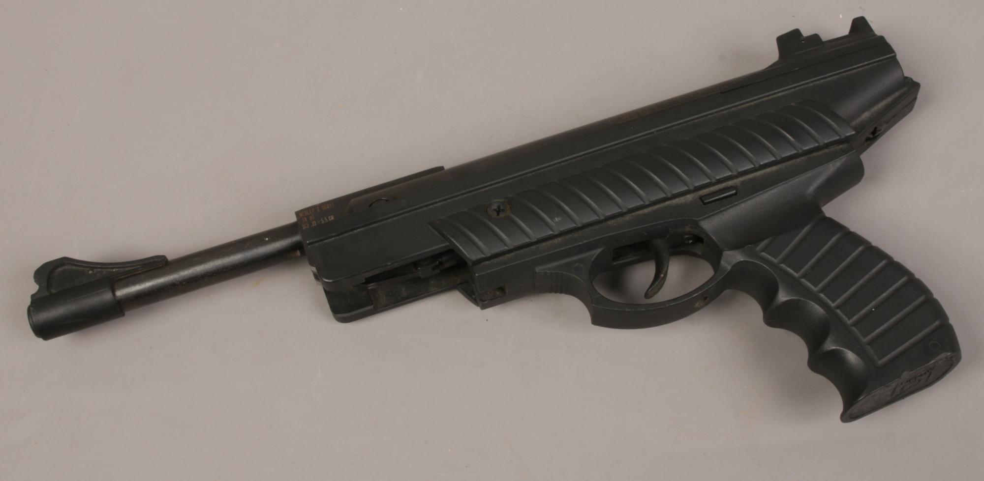 A Webley Typhoon .22 calibre break barrel air pistol.