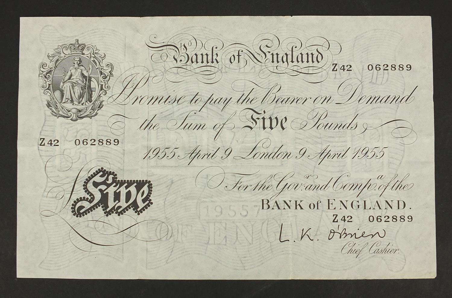Bank of England O'Brien white five pound note, dated April 9th 1955 ...