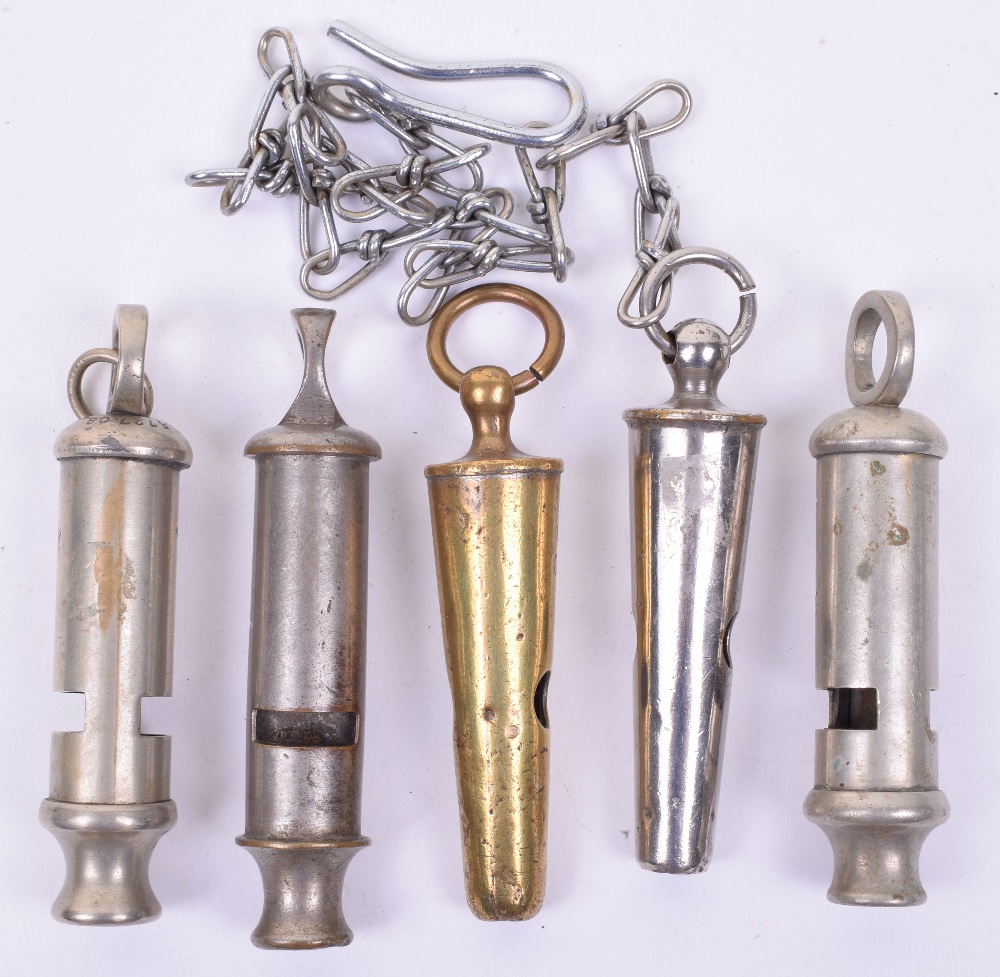 5x British Police Force Whistles, consisting of early brass whistle ...