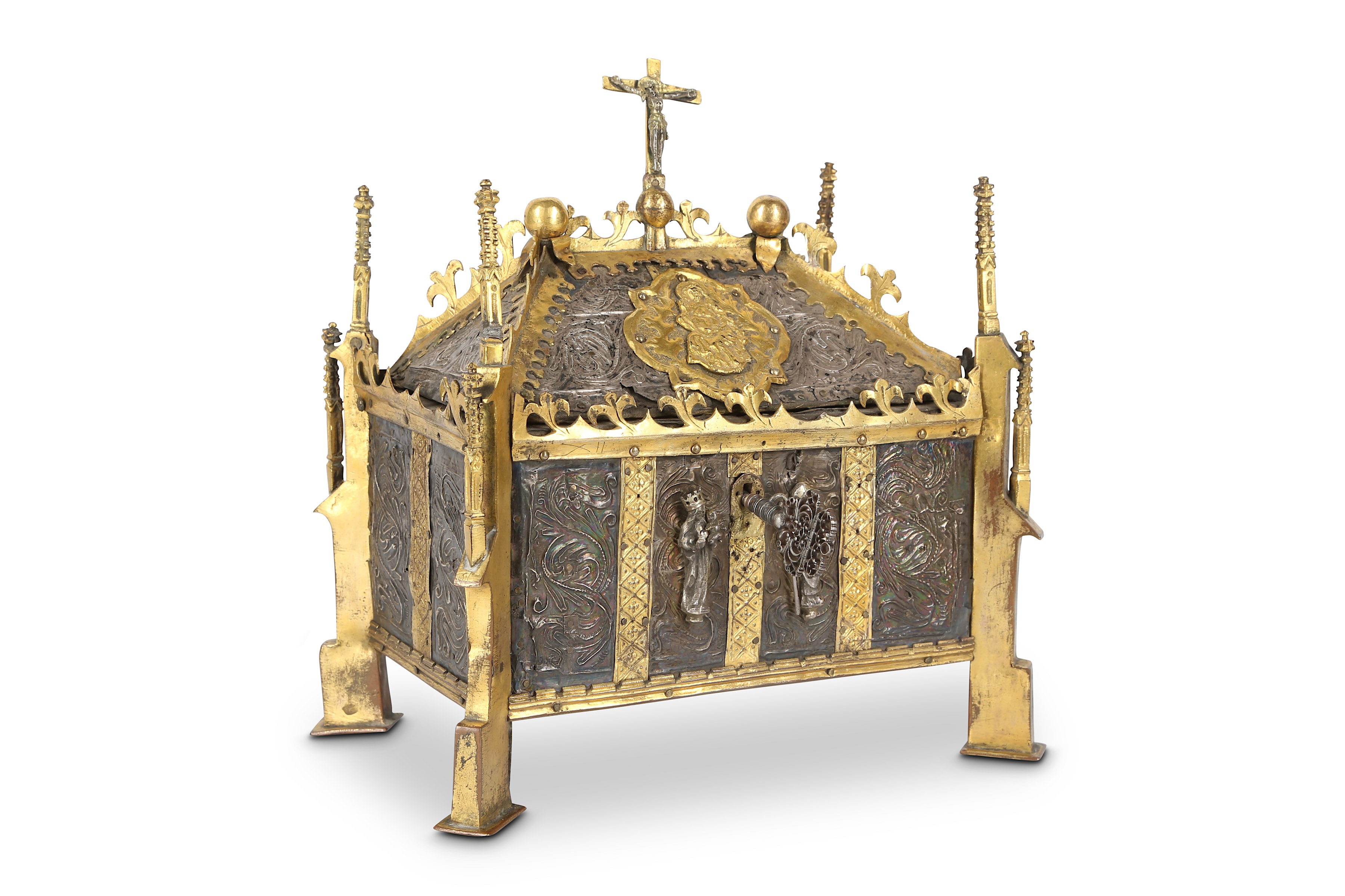 A MEDIEVAL 15TH CENTURY FRENCH GILT COPPER AND SILVER RELIQUARY CASKET ...