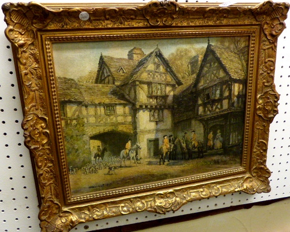 Heavy giltwood frame print of an inn scene, signed FM Bennett 1929 ...