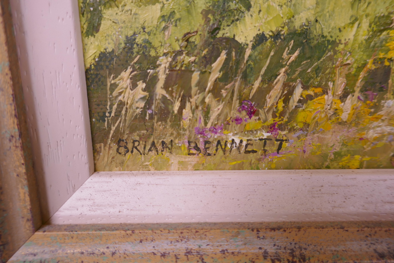 Brian Bennett, oil on canvas, rural landscape with wild flowers, titled ...
