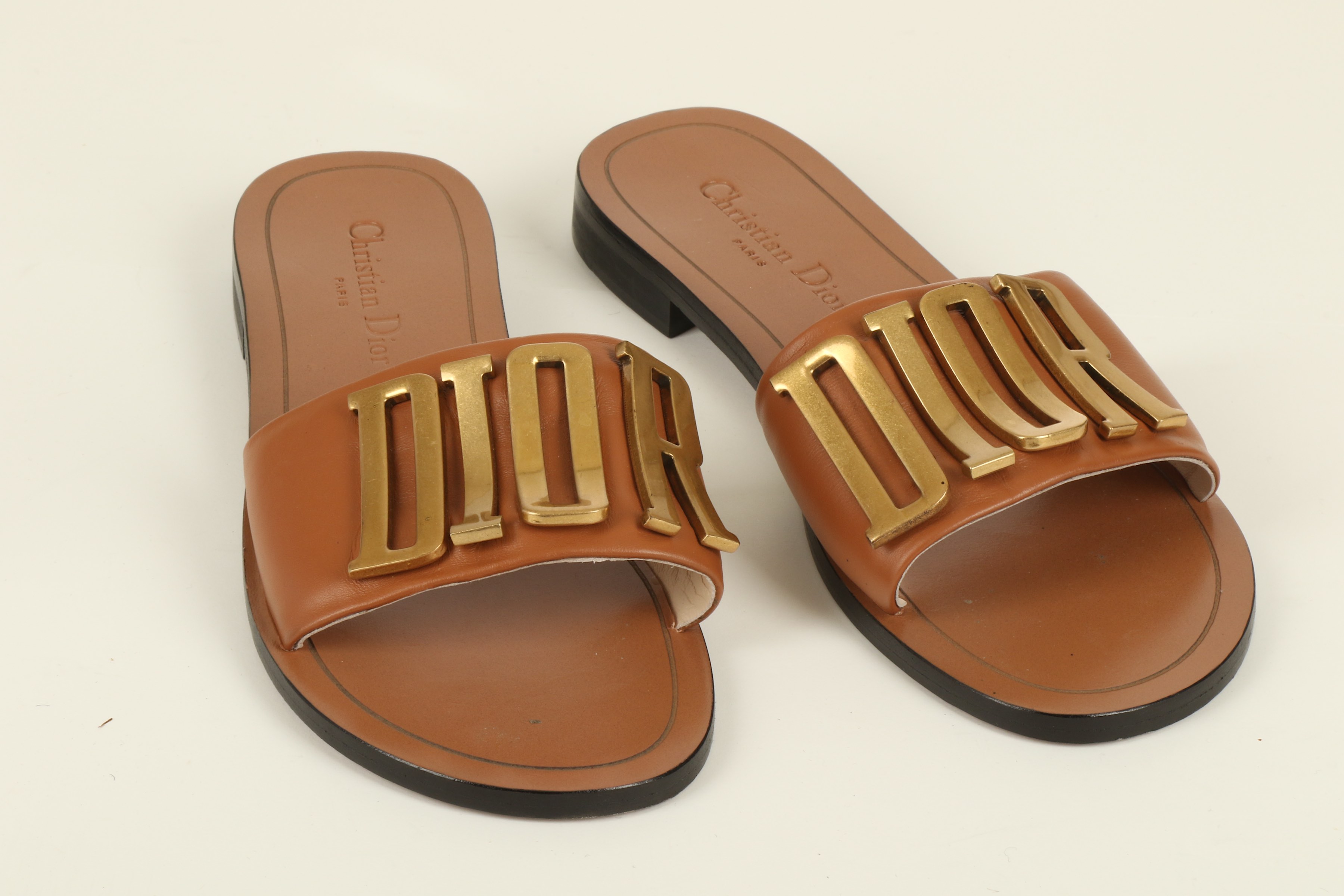 Christian Dior Logo Sliders, tan leather with gilt metal DIOR logo ...