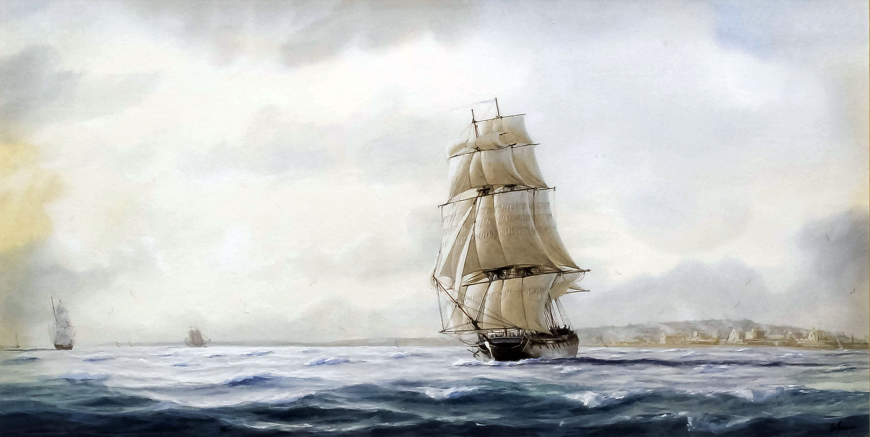 ***Tim Thompson (born 1951) - Watercolour - Sailing ship in calm seas ...
