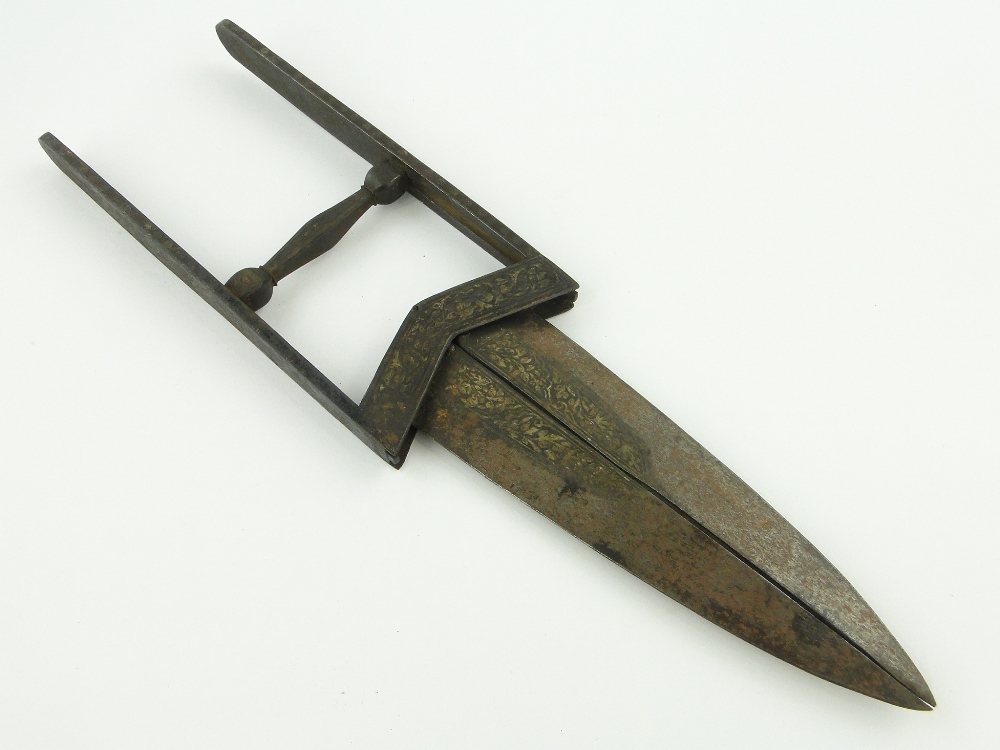 An Antique steel Qatar knife, with folding blade guards and Damascened ...