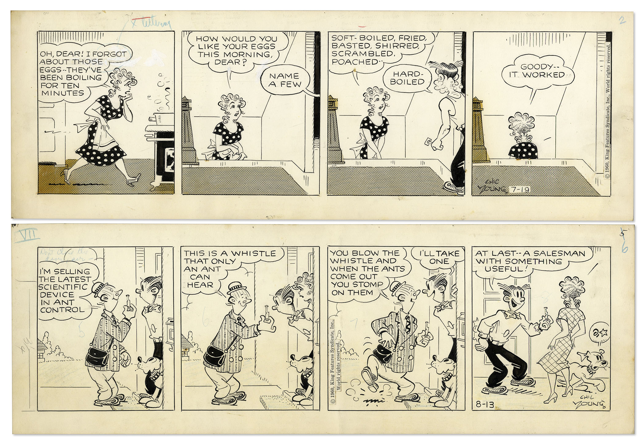 Blondie Comic Strips Hand Drawn And Signed By Chic Young First One From 19 July 1960 Feature