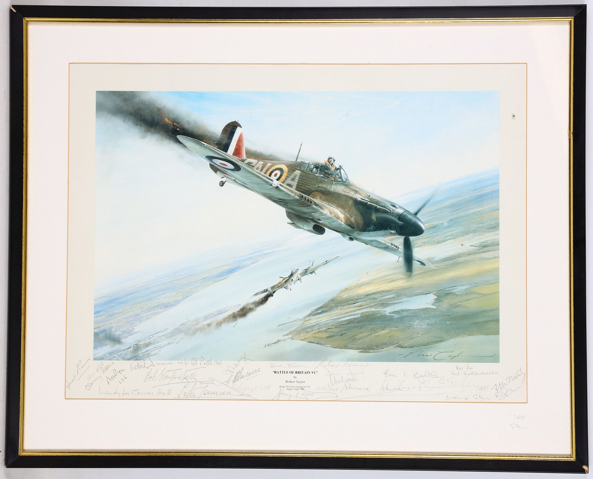 Geoff Nutkins, two 20th Century aviation prints depicting WW2 scenes; 'Hurricane' and 'Duel', tog