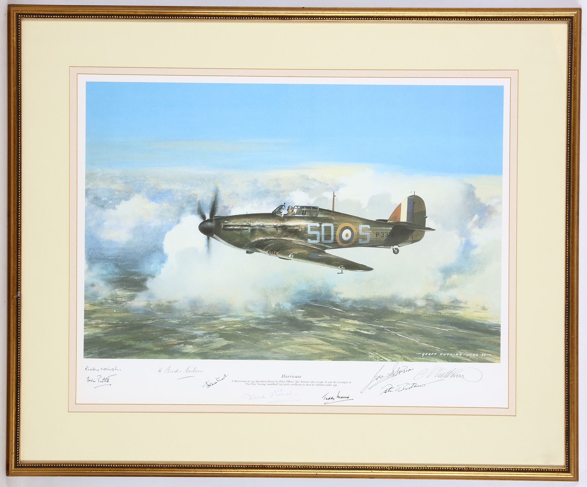 Geoff Nutkins, two 20th Century aviation prints depicting WW2 scenes; 'Hurricane' and 'Duel', tog