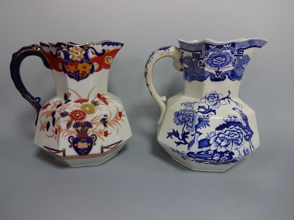 FOUR OCTAGONAL MASONS PATENT IRONSTONE JUGS, all with serpent handles ...