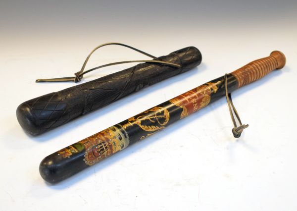 Victorian policeman's truncheon, 45.5cm long, together with a carved ...