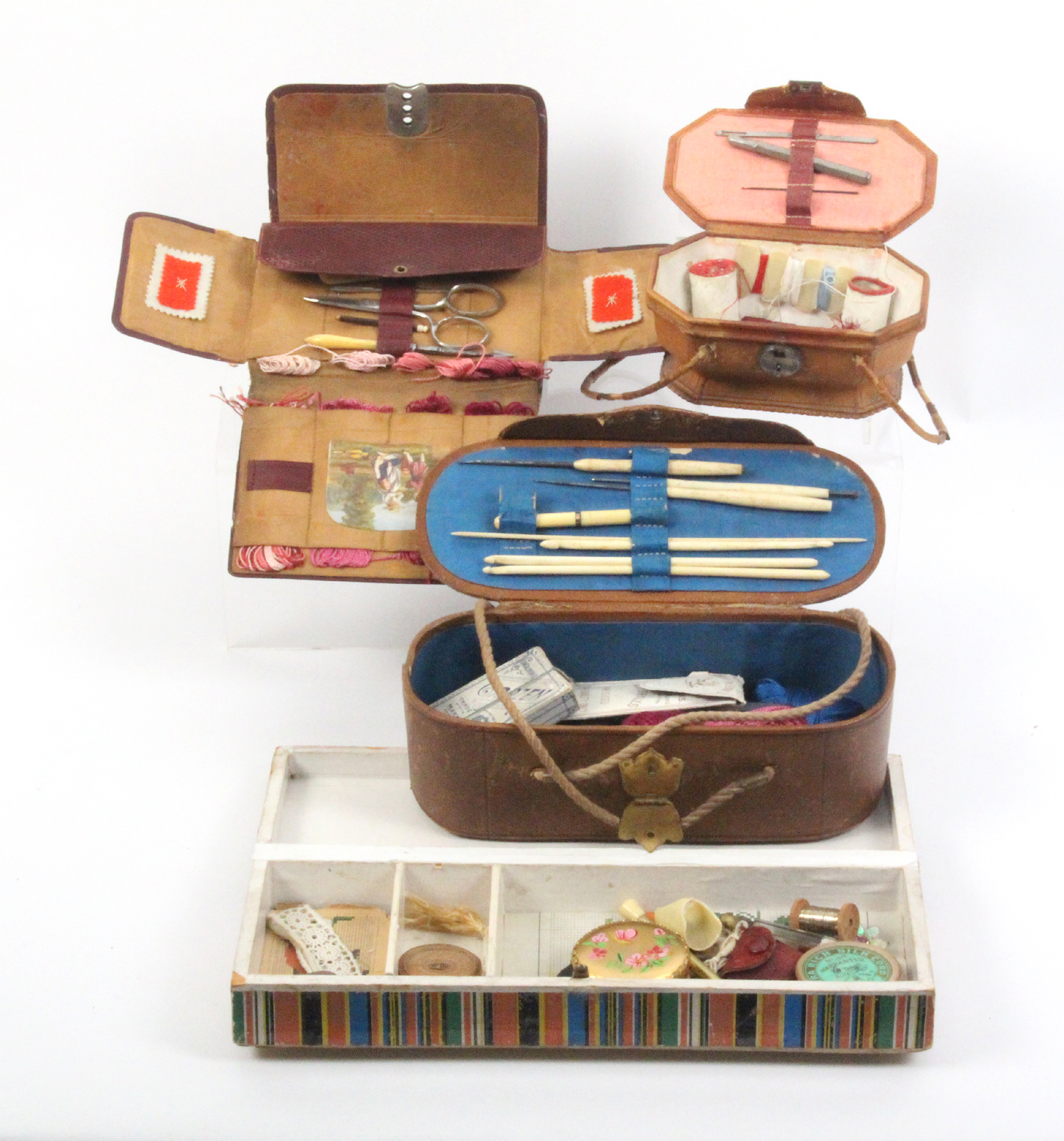 Four 19th Century sewing boxes and companions comprising a pale brown ...