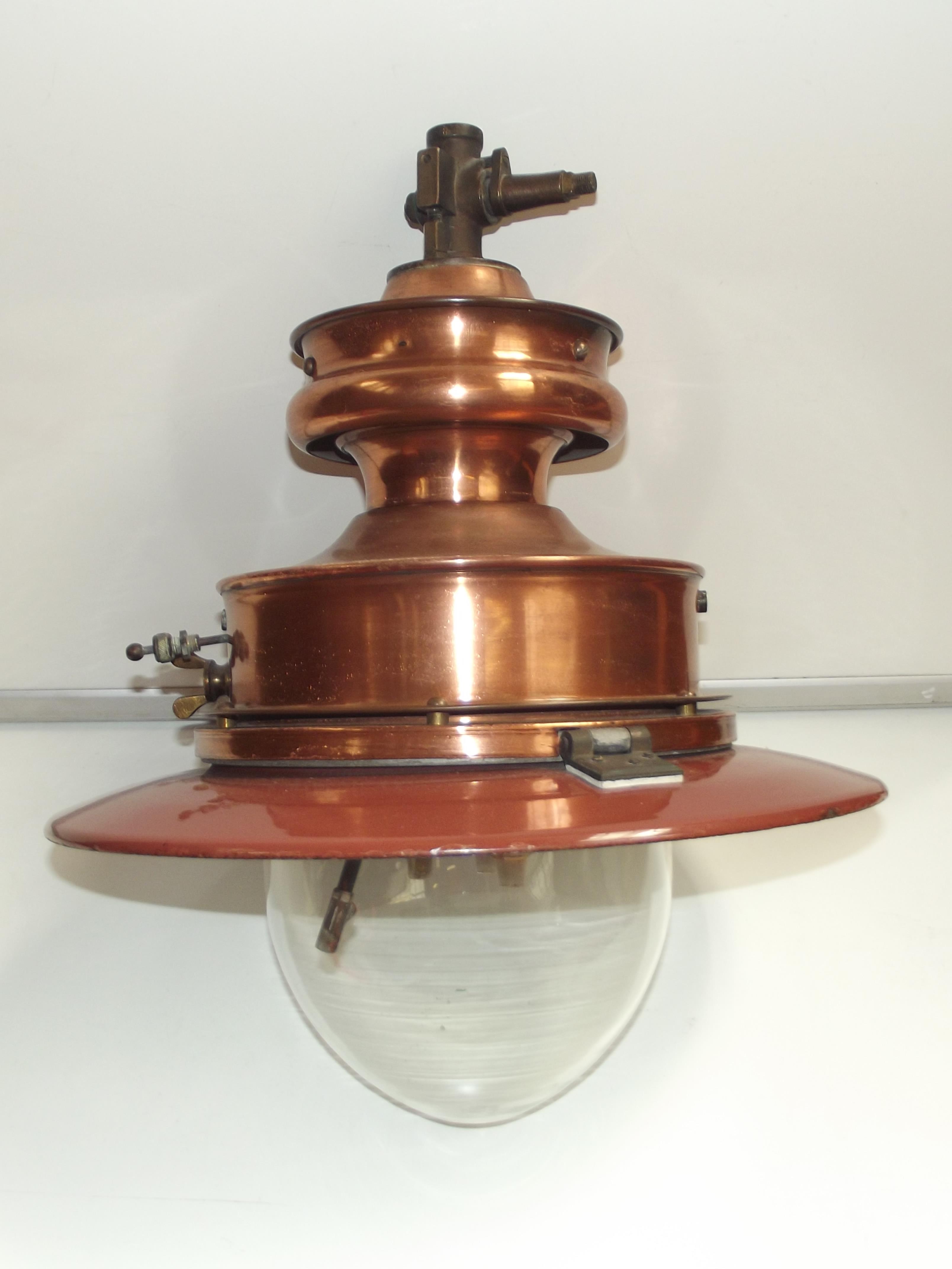 Sugg copper railway platform lamp with enamel 'Mexican hat' shade and ...