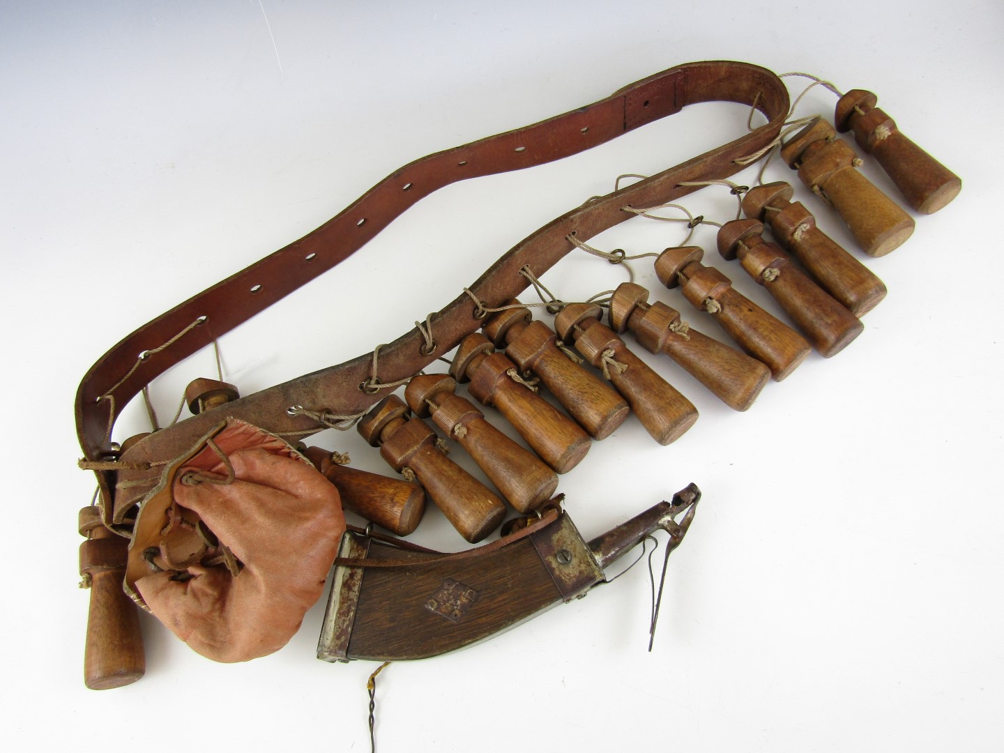 A reproduction 17th Century musketeers' twelve apostles bandolier and flask