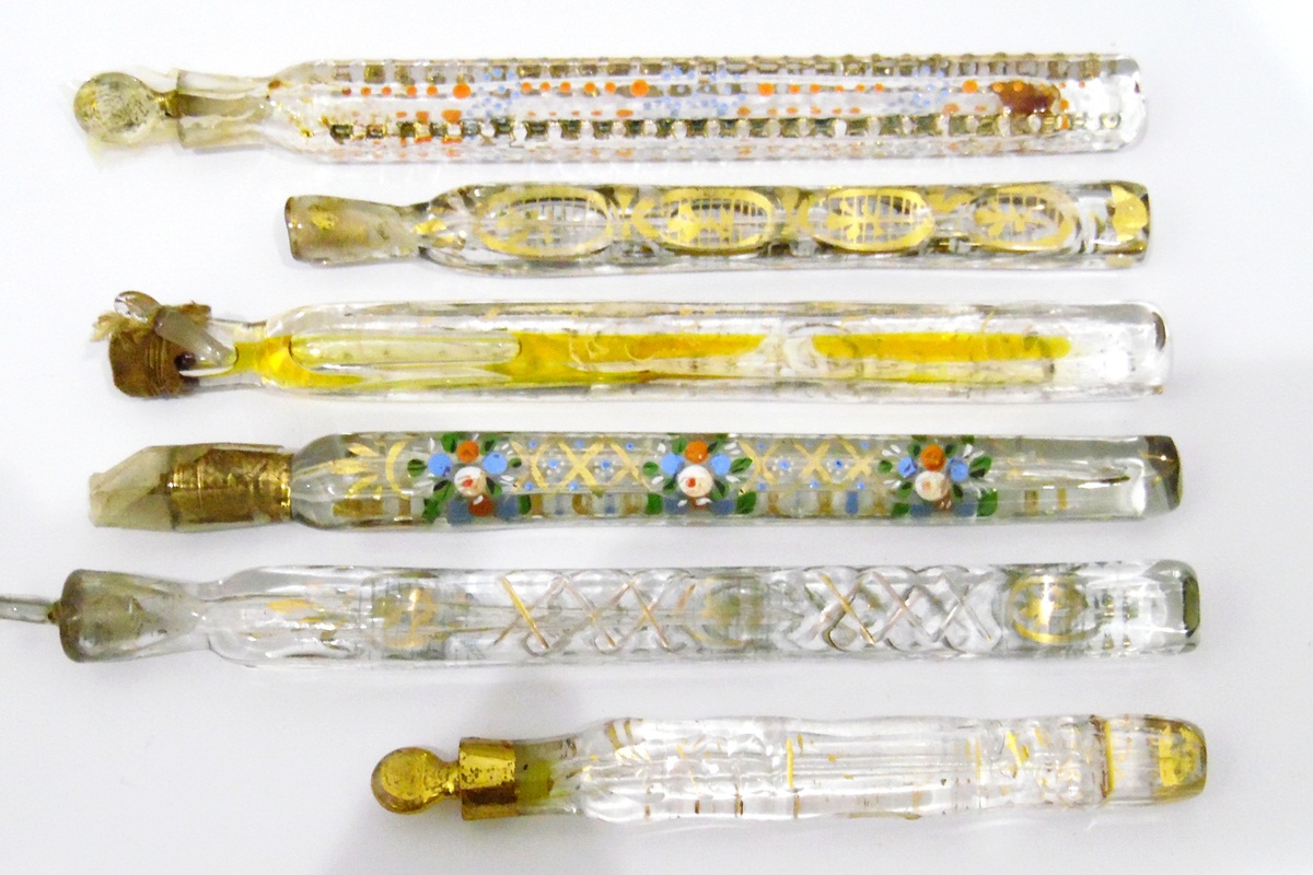 Collection of Victorian glass scent phials with etched and handpainted ...