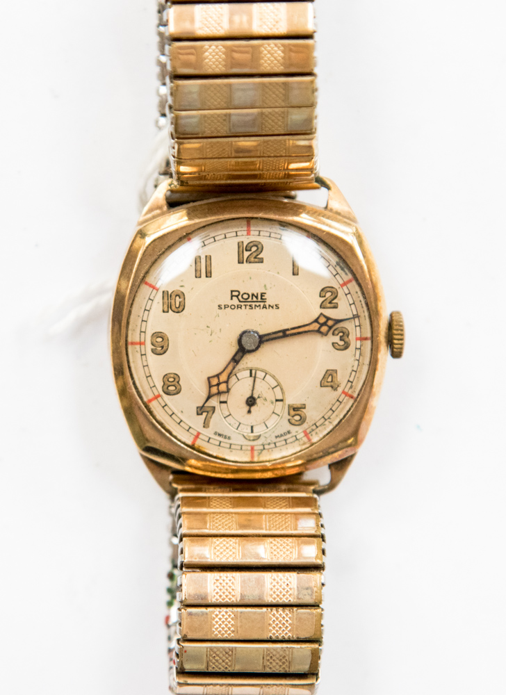 A vintage late 1940s Rone sportsman bracelet watch, gentlemen's gold ...