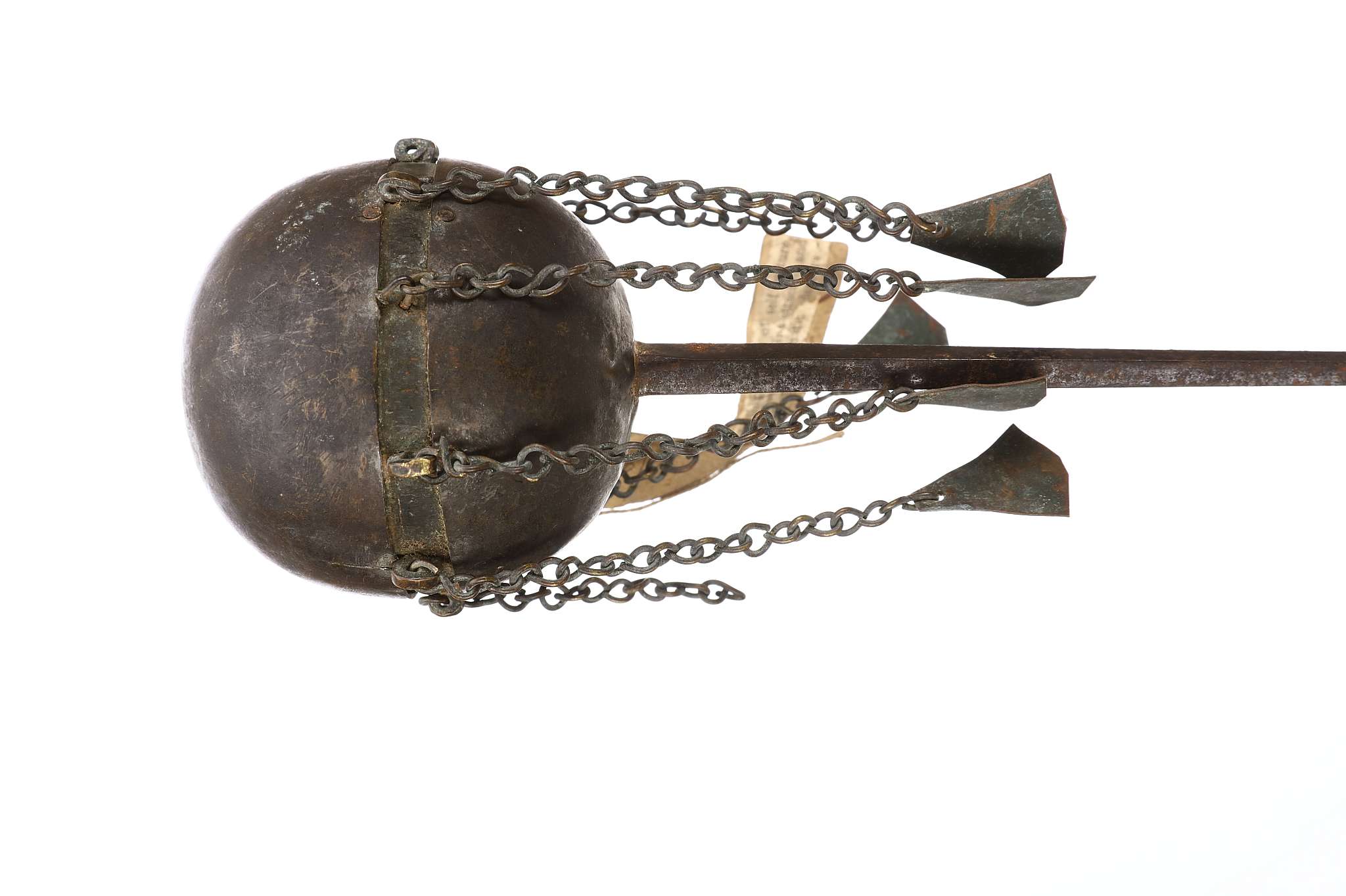 A 19TH CENTURY MIDDLE EASTERN BALL AND SPIKE WEAPON, with a wood sphere ...