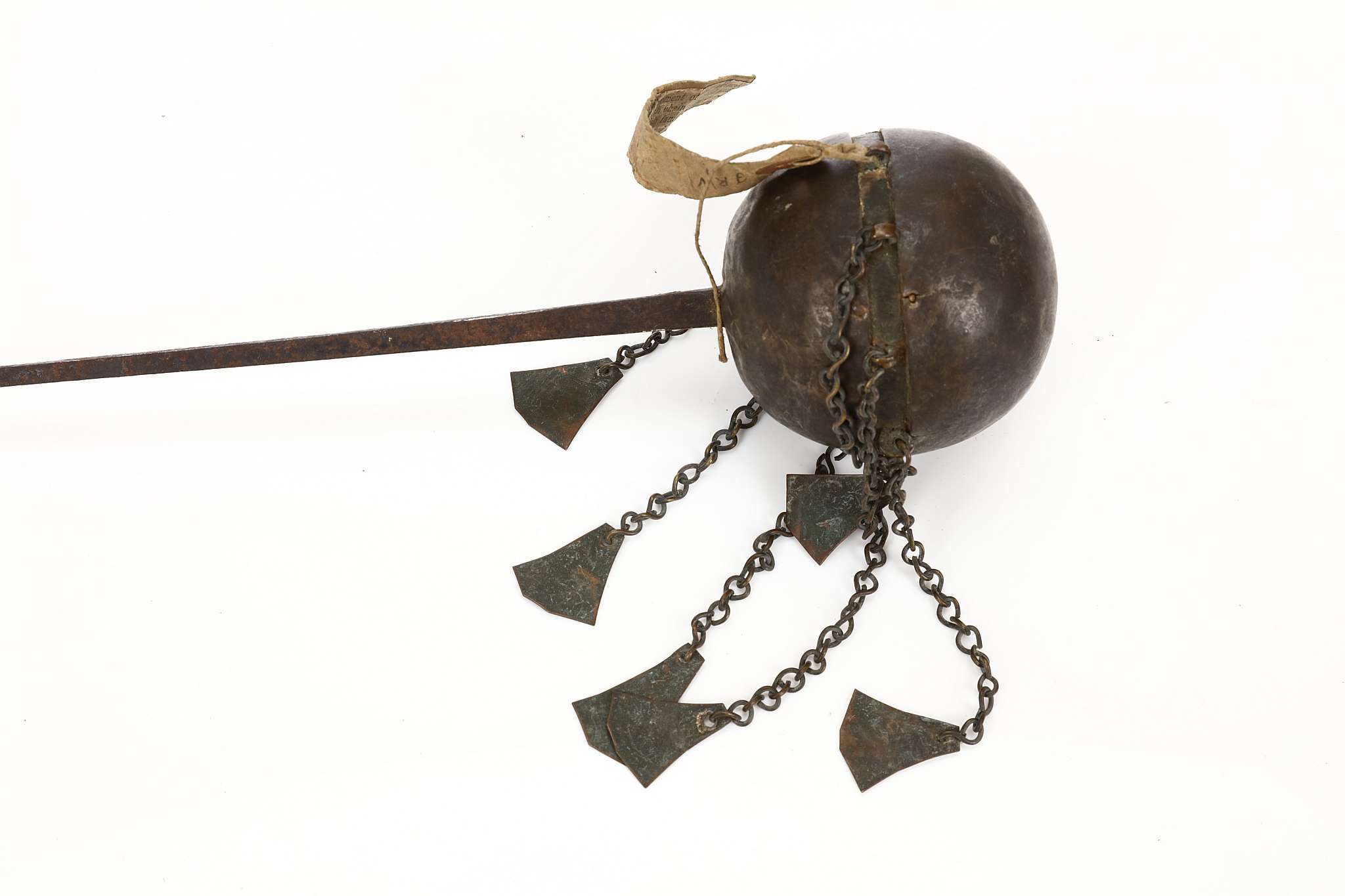 A 19TH CENTURY MIDDLE EASTERN BALL AND SPIKE WEAPON, with a wood sphere ...