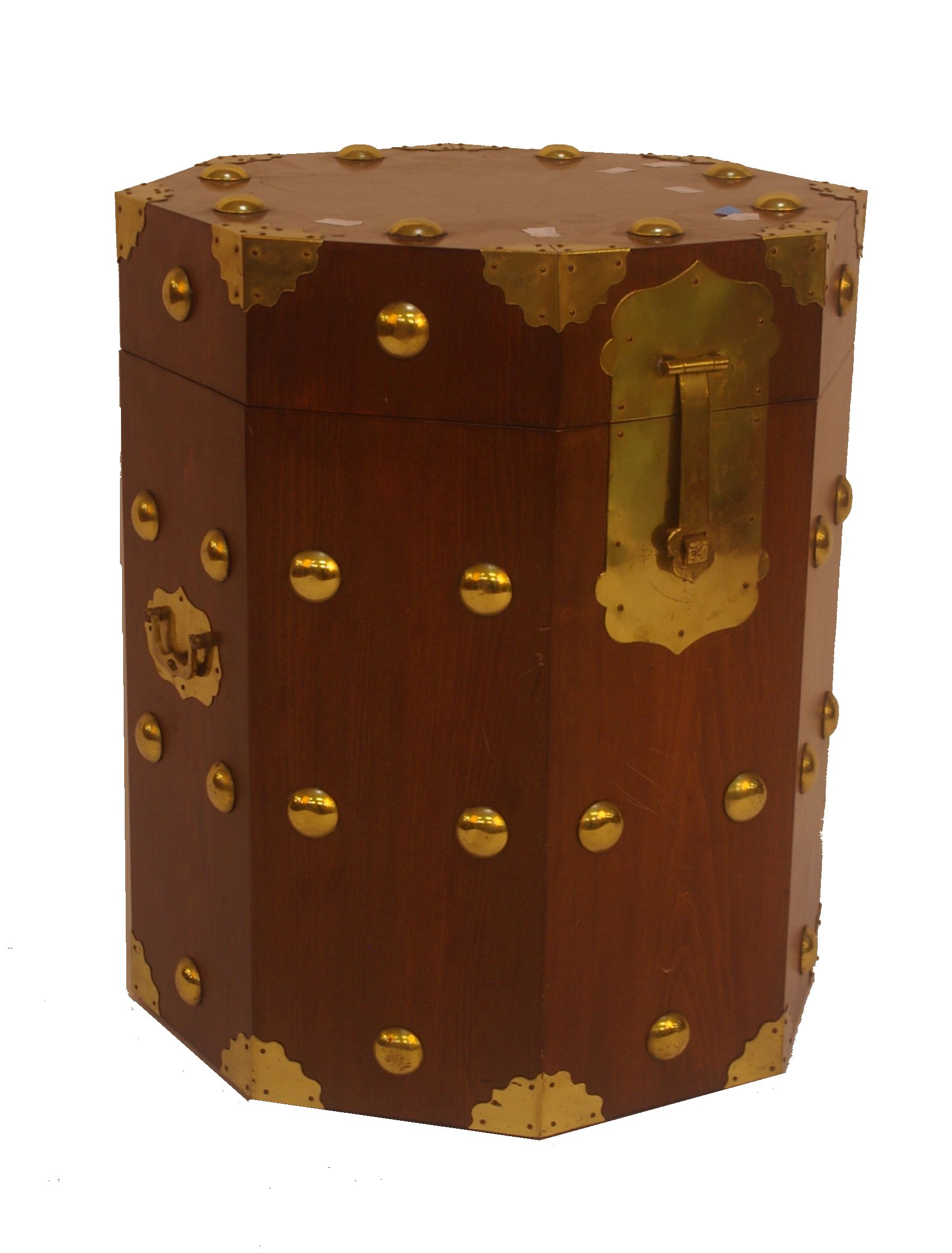 A modern Chinese hardwood octagonal scroll storage box, brass bound, w ...