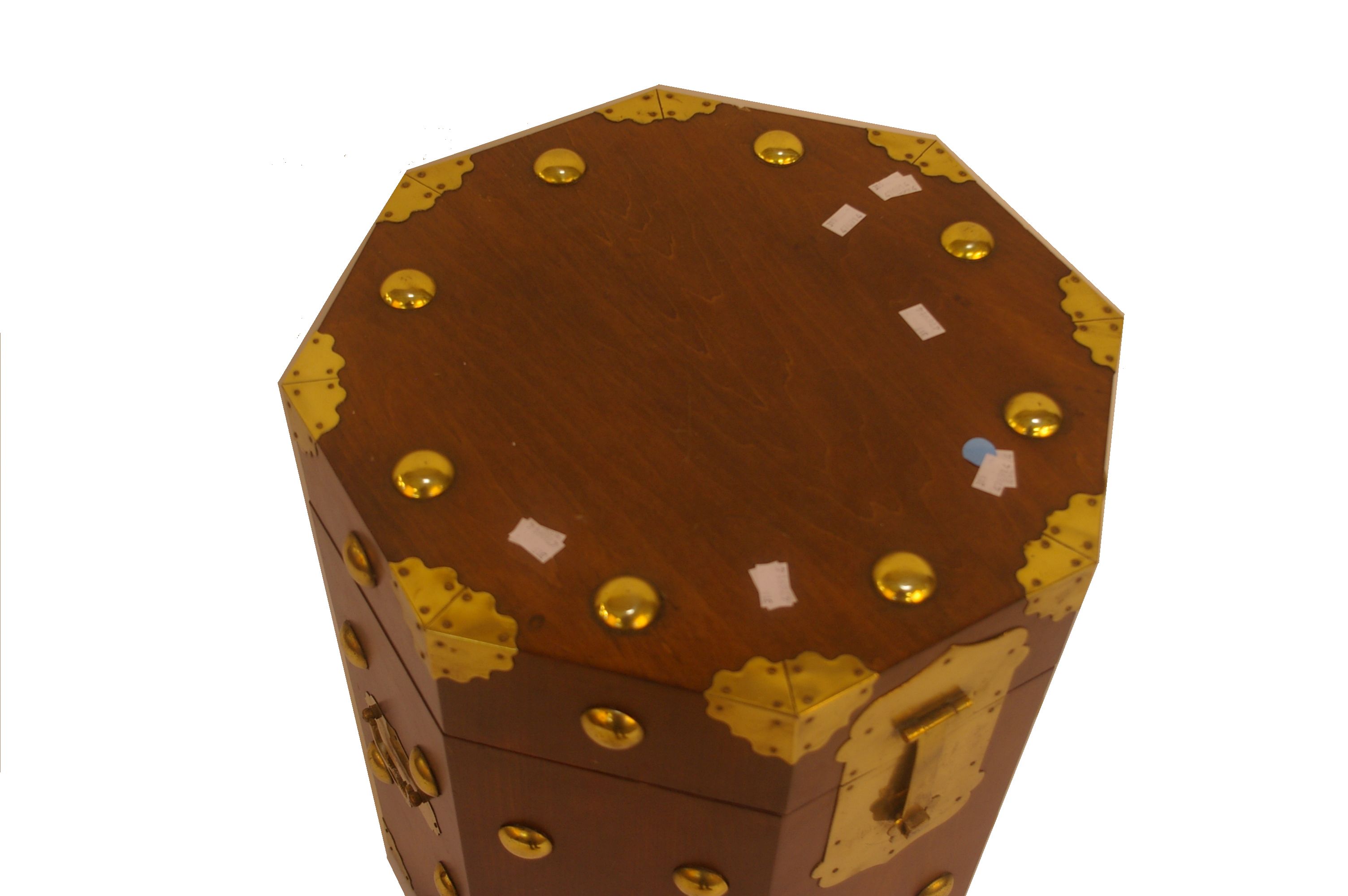 A modern Chinese hardwood octagonal scroll storage box, brass bound, w ...