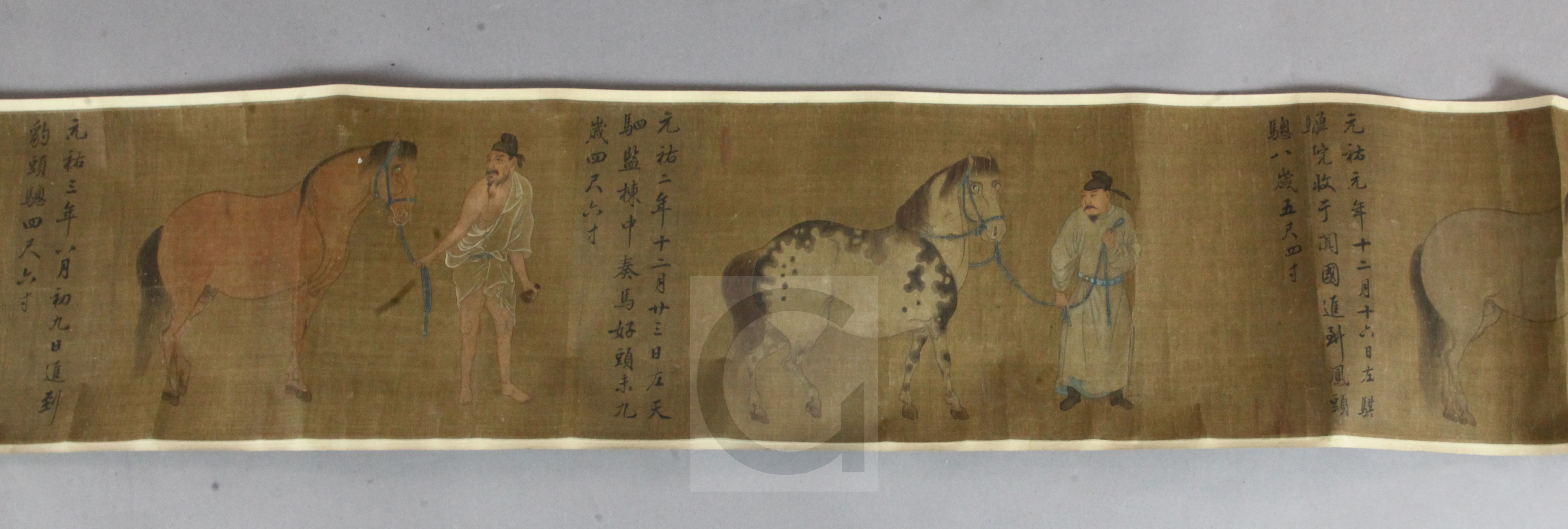 A Chinese hand scroll painting on silk of five of the horses of Mu Wang ...