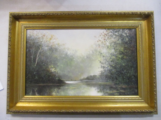 June Pitfield - a river scene with tree lined banks, oil on canvas ...