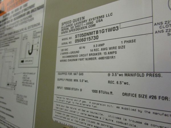 Speed Queen Model ST050NMTB1G1W03 Commercial Laundry Dryer , Serial ...