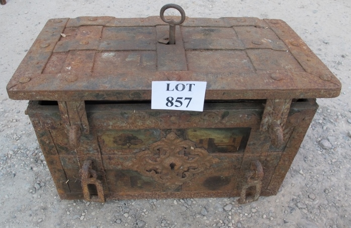 A 17c iron strong box with elaborate detailed locking system over heavy ...
