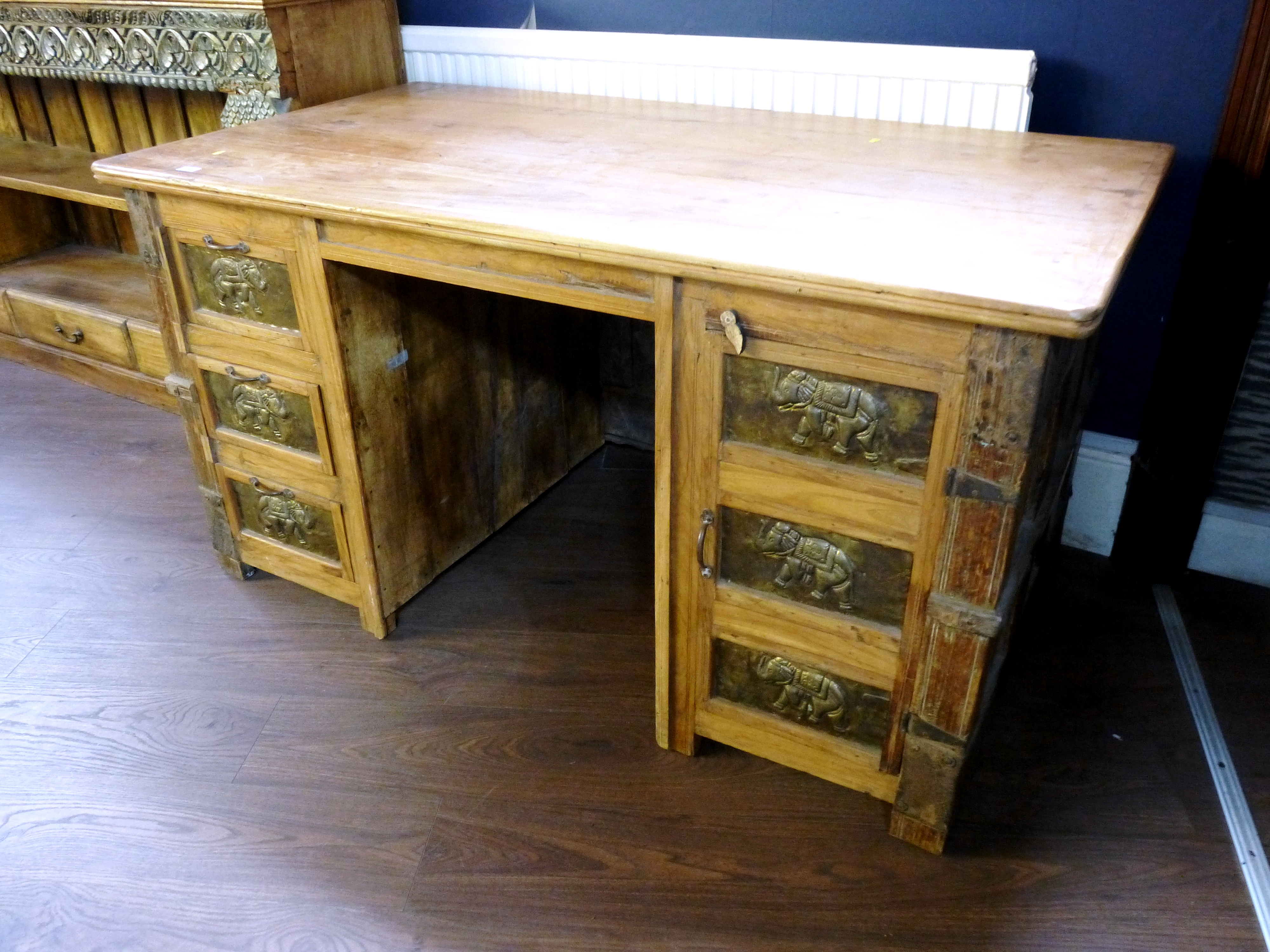 INDIAN DESK WITH BRASS ELEPHANT DECORATED DRAWS APPROX 31" X 59" X 32"
