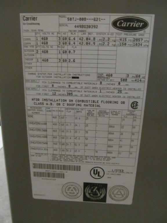 CARRIER ROOFTOP ELECTRIC COOLING UNIT MODEL 50TJ-008-621 88" WIDE X 58 ...