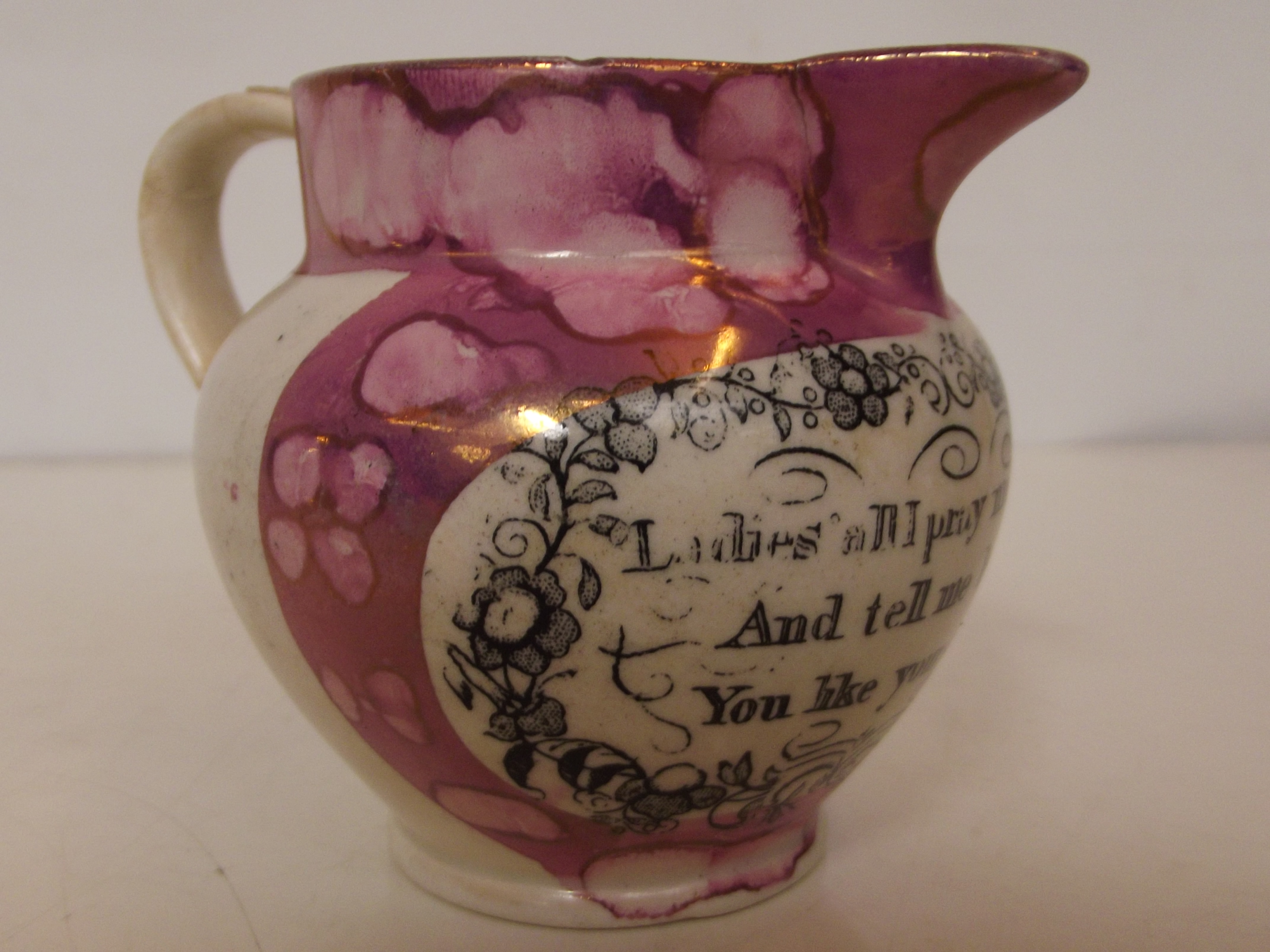 Sunderland ware lustre jug 'Ladies all I pray make free & tell me how ...