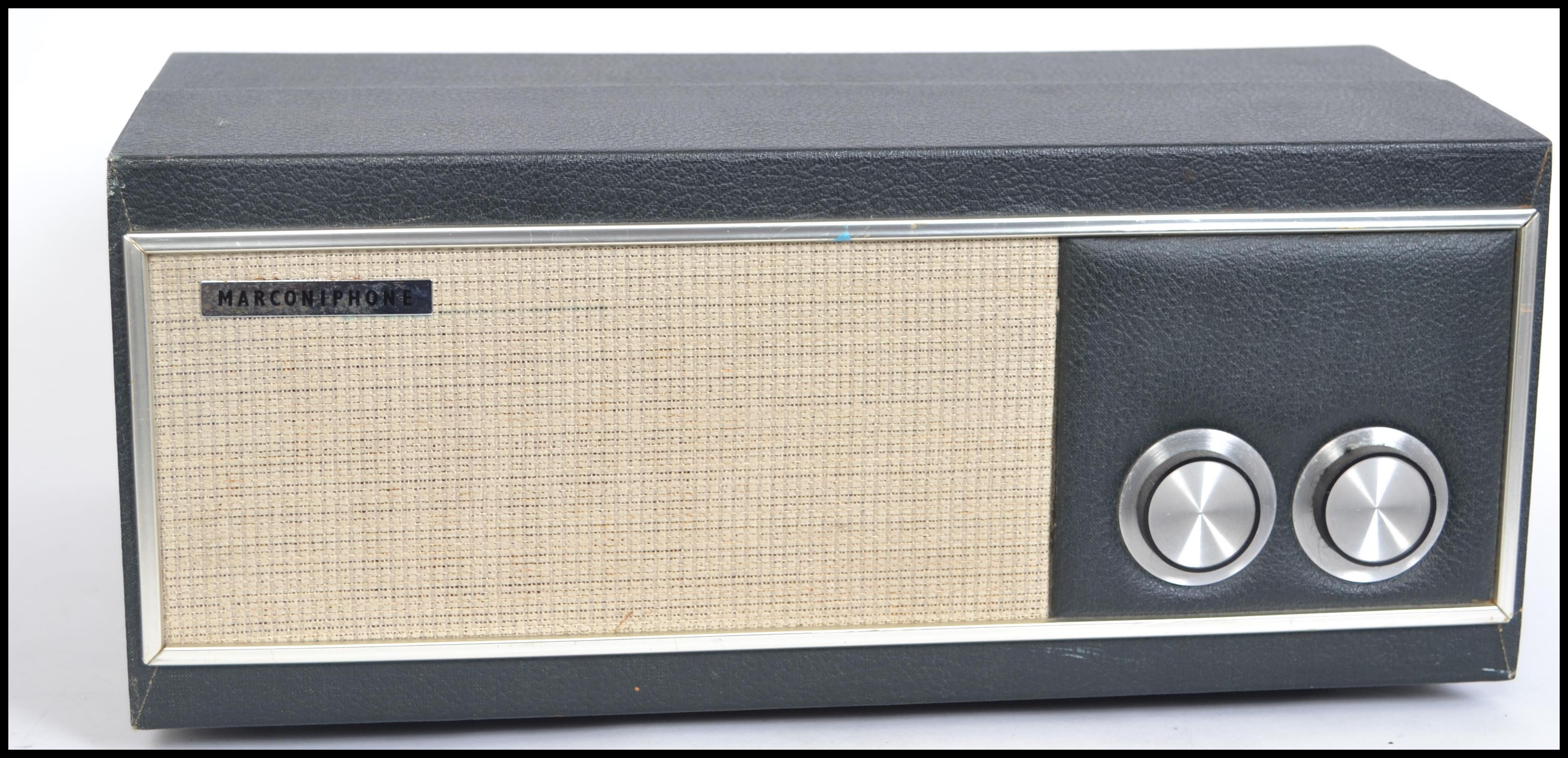 A vintage 1950's two tone portable record player by Marconiphone having ...