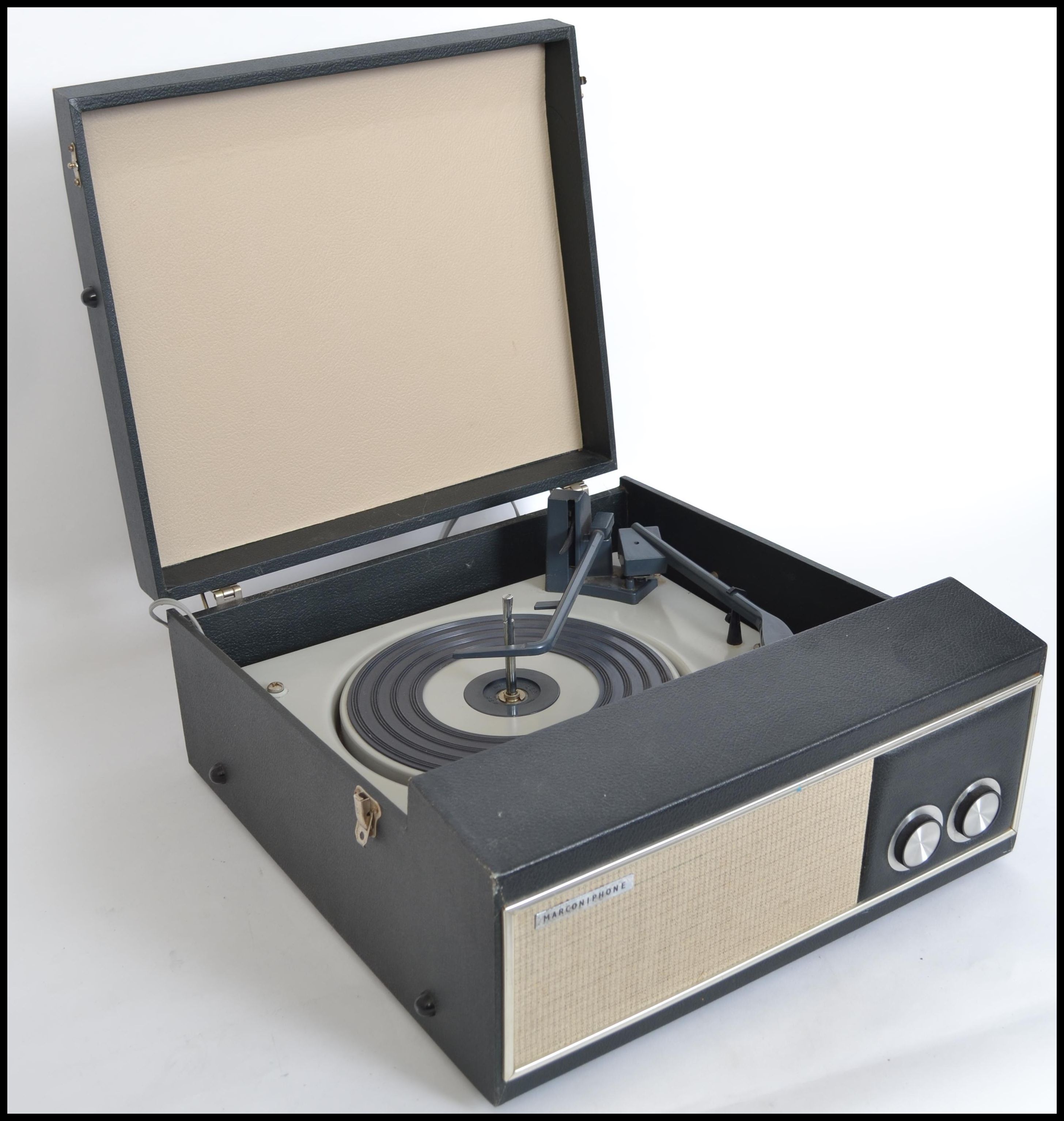 A vintage 1950's two tone portable record player by Marconiphone having ...