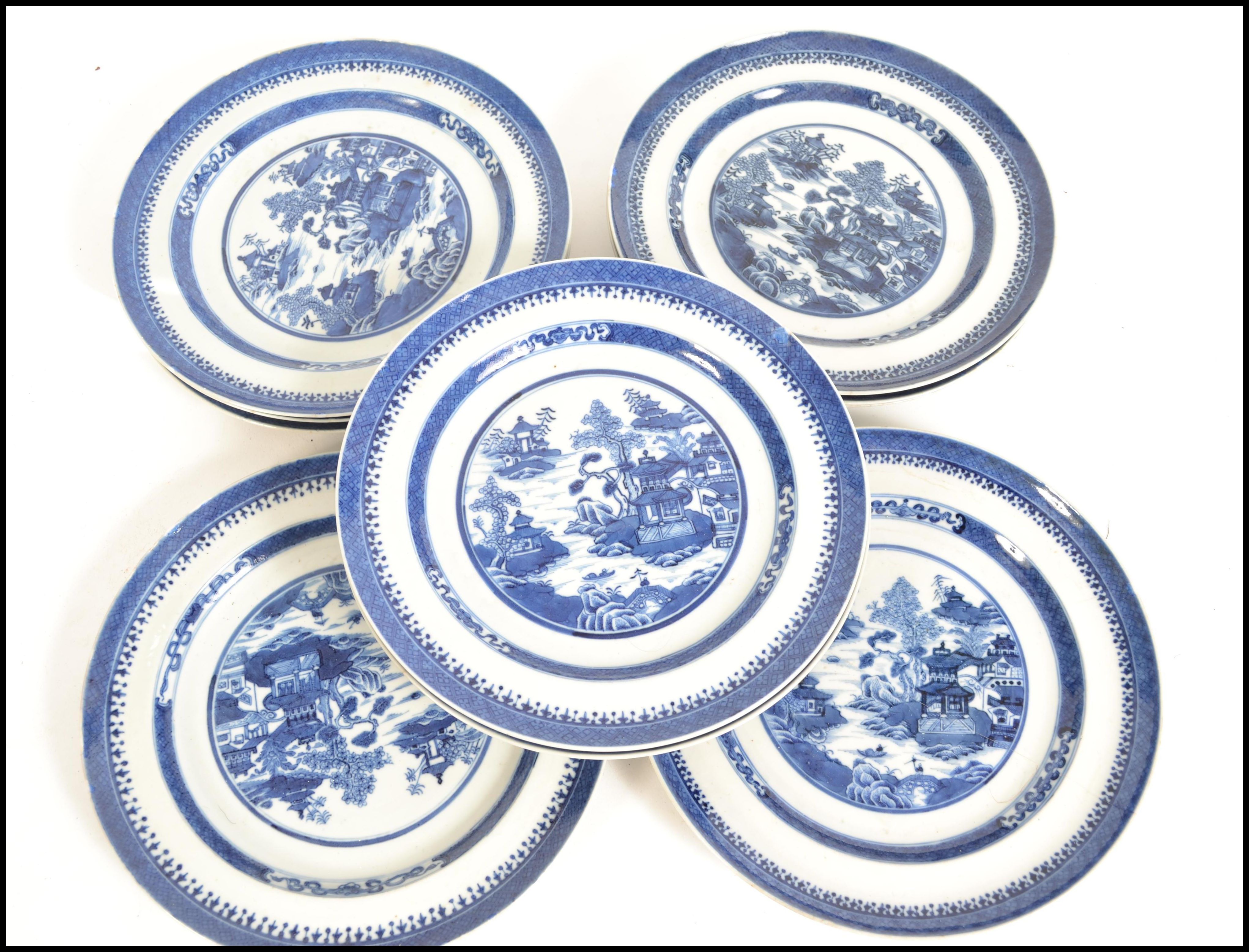 A rare set of 10 18th century Chinese blue and white willow pattern ...