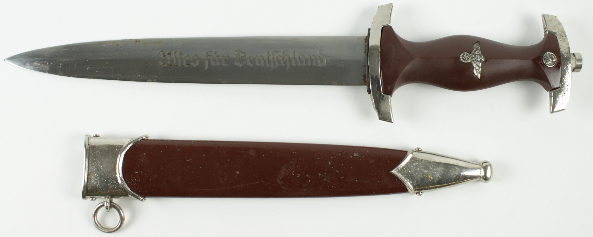 German WW2 SA Dagger with brown scabbard, blade maker marked 'RZM M7/85'.