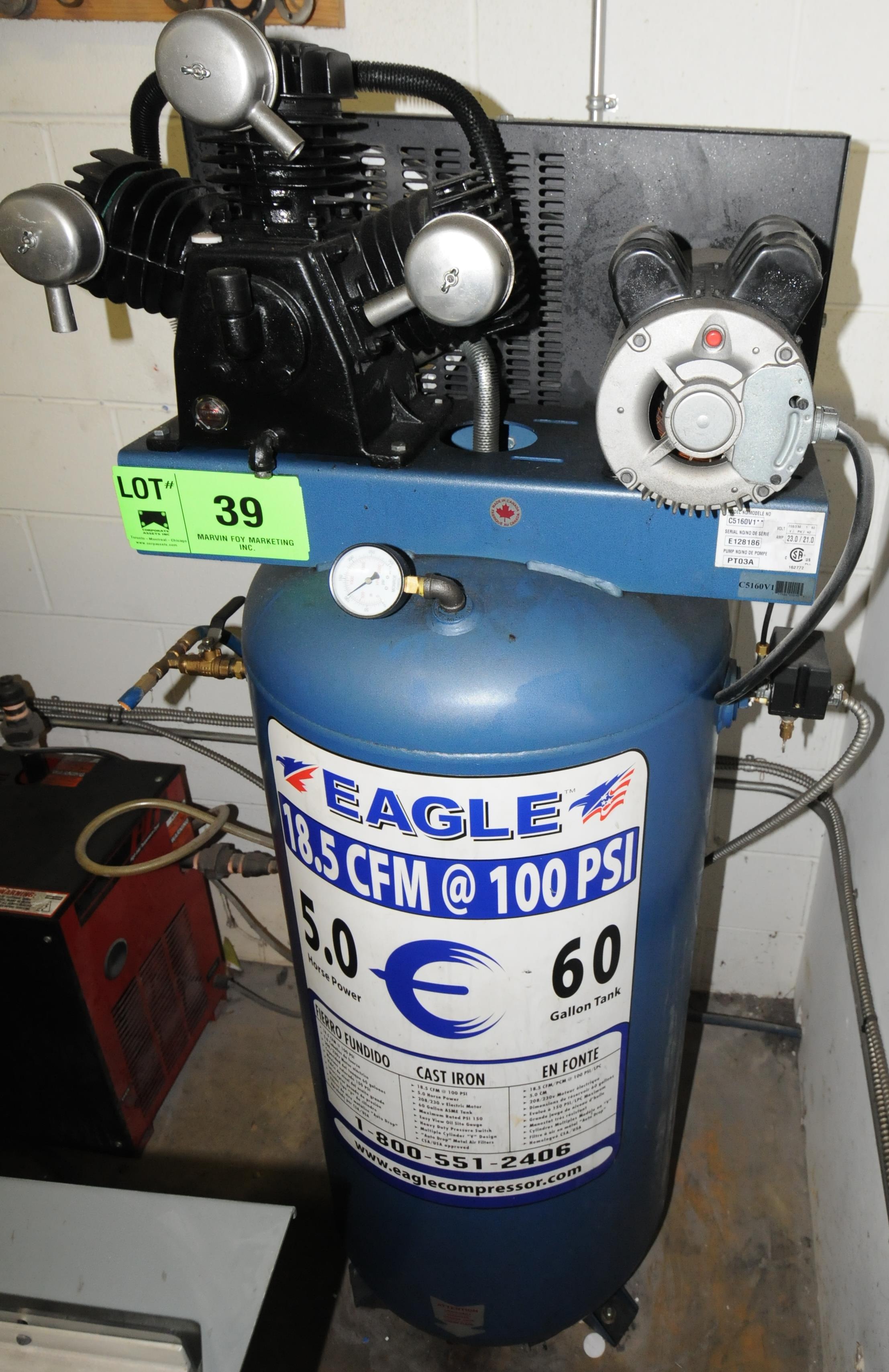 EAGLE 5 HP TANK MOUNTED PISTON TYPE AIR COMPRESSOR WITH 60GAL TANK, 18. ...