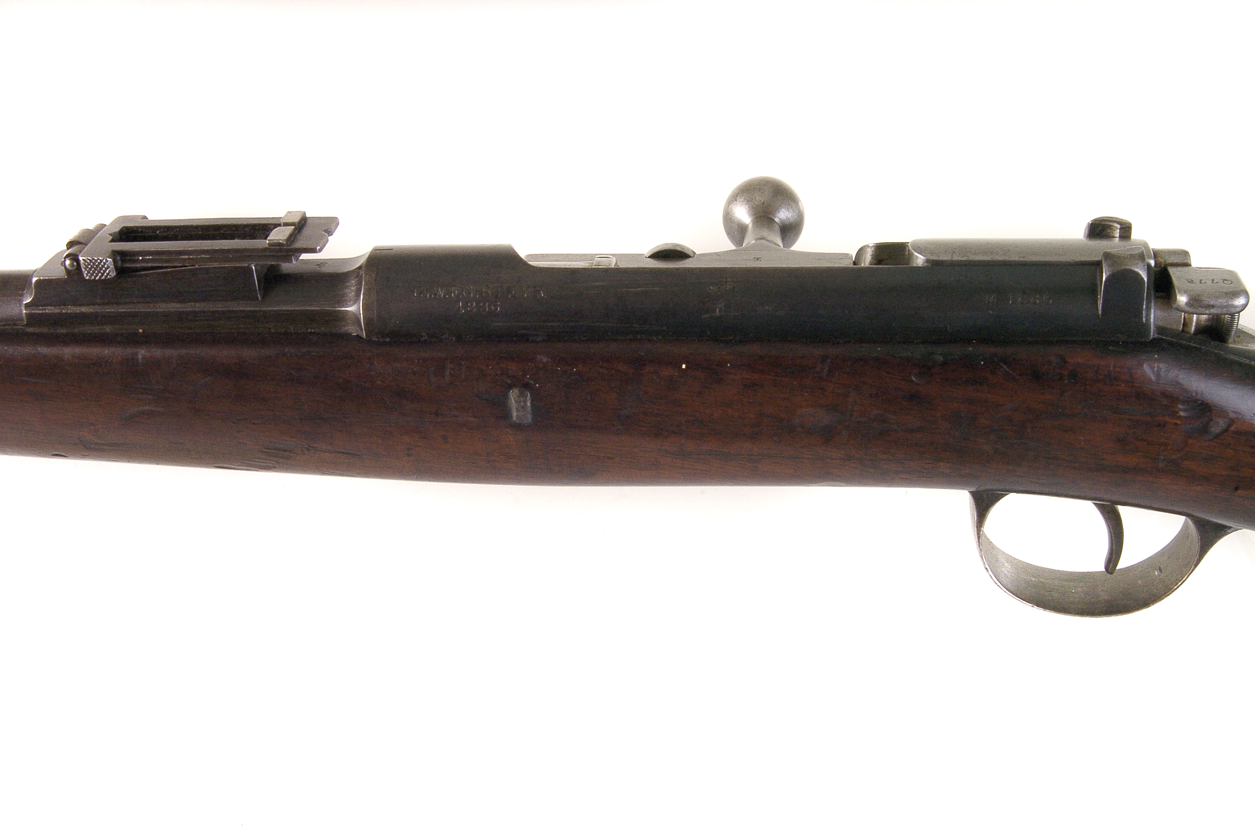 A late 19th century bolt action rifle, inscribed 'CE.W.F.G.Steyr 1886 ...