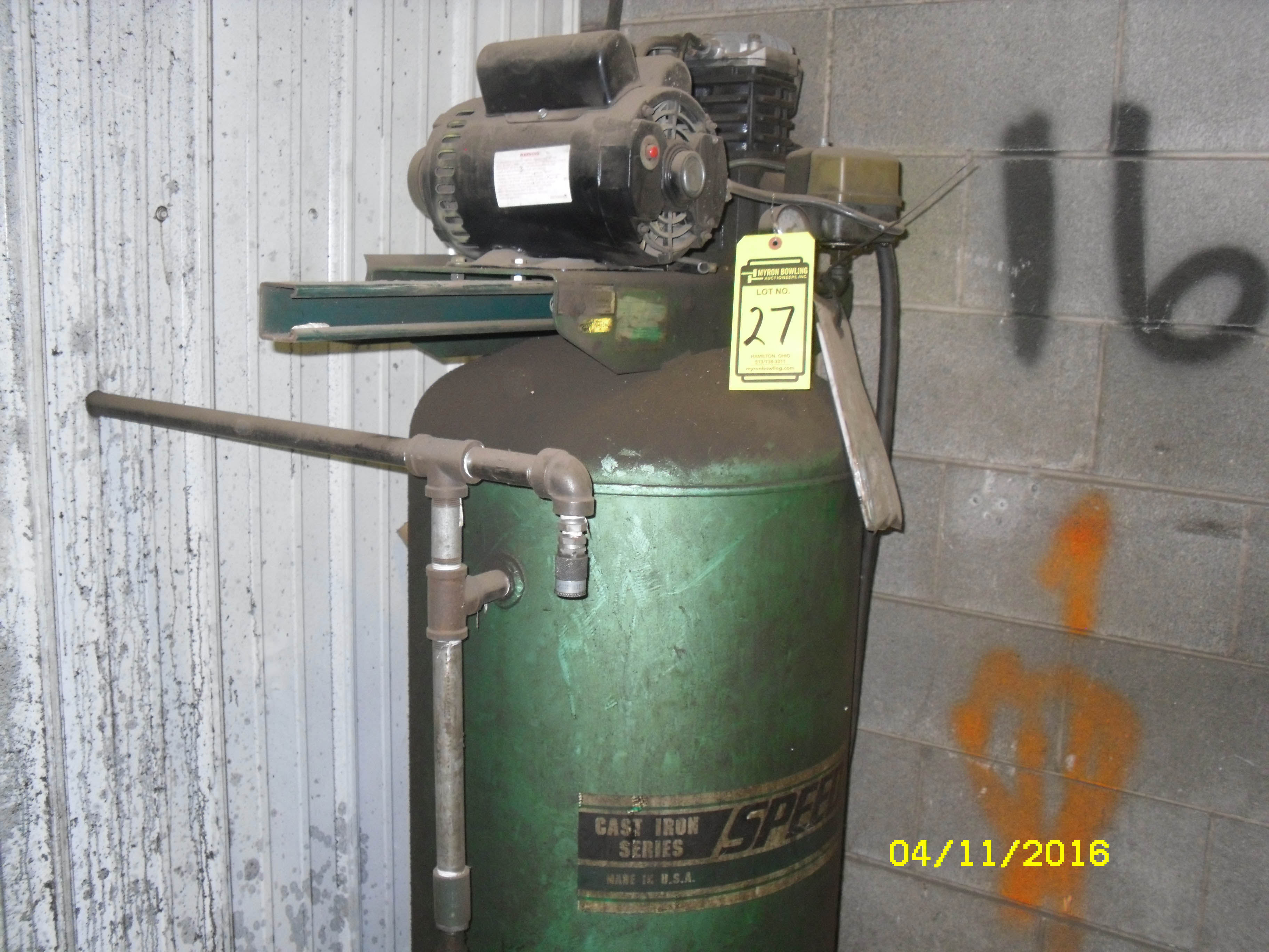 SPEEDAIRE 5 HP VERTICAL TANK MOUNTED AIR COMPRESSOR MODEL 5Z185, S/N ...