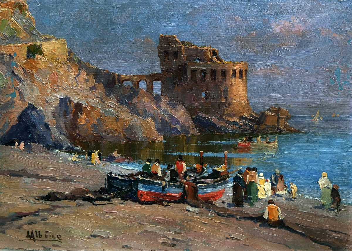 *LUCA ALBINO (1884-1952, ITALIAN) Italian Coastal Scene with Fisherfolk ...