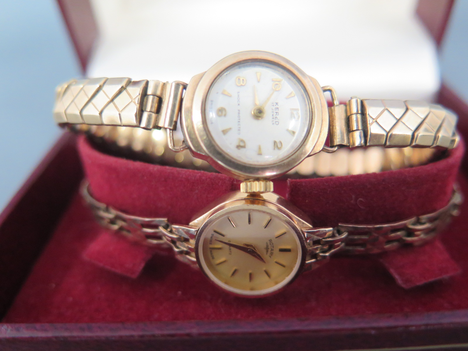 A 9 ct gold Ladies Rotary cocktail watch with similar Kered watch on ...