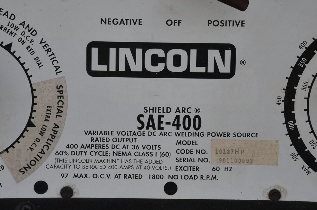 Lincoln Model SAE-400 Shield Arc Welder, Serial Number: 981100693, Code ...